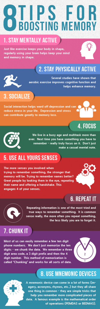 8 Tips for Boosting Memory Infographic – Exceptional Aging